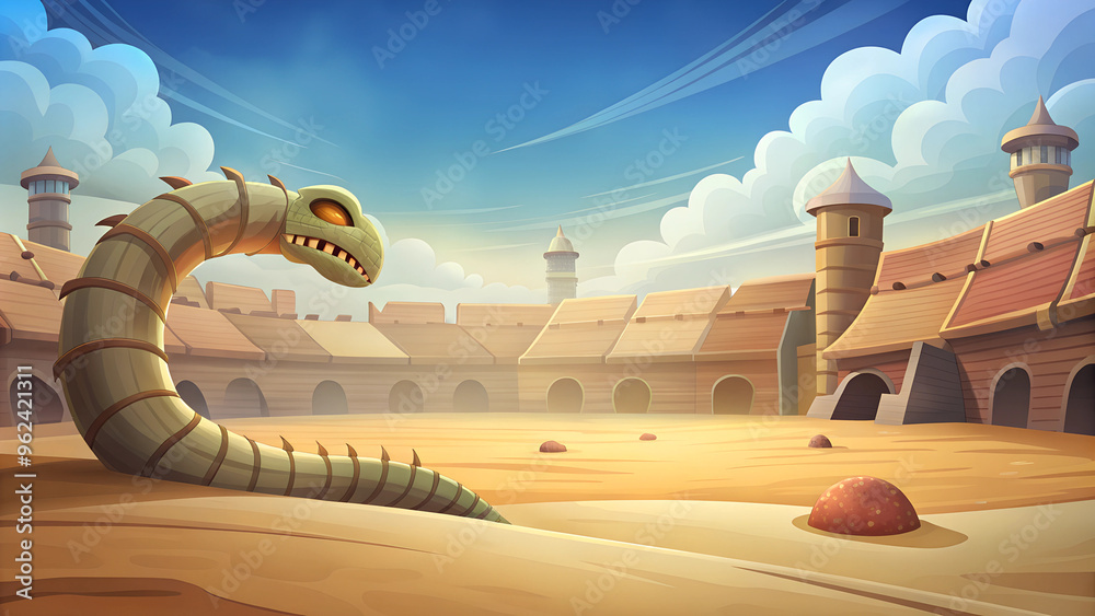 Giant Sand Worm in a Fantasy Arena under a Clear Blue Sky, Battle Arena ...