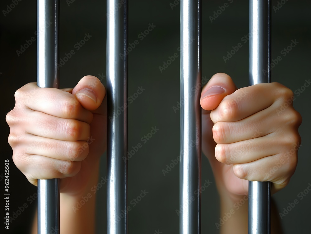 Two young female hands are shown grasping a set of metal bars in a jail ...