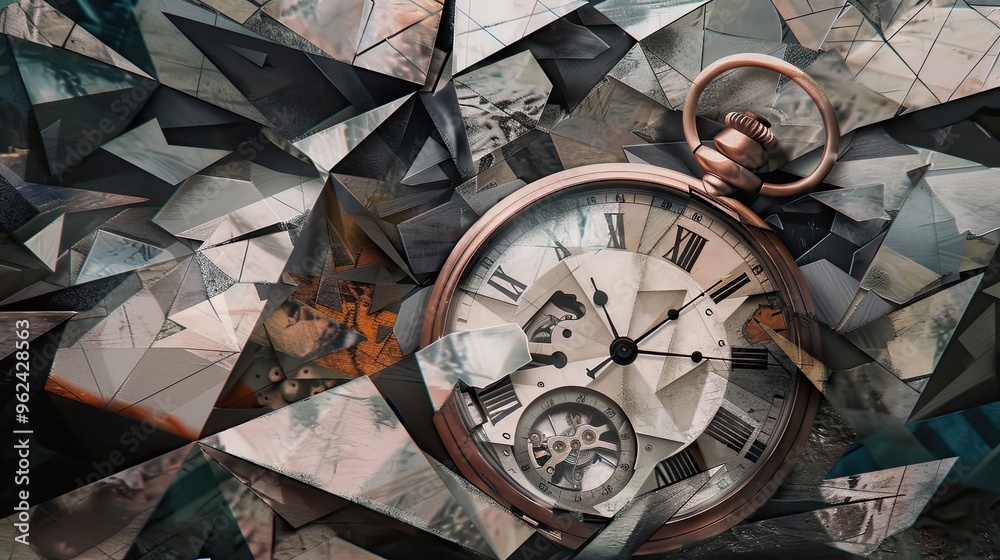 Cubist background with geometric forms of a vintage pocket watch ...