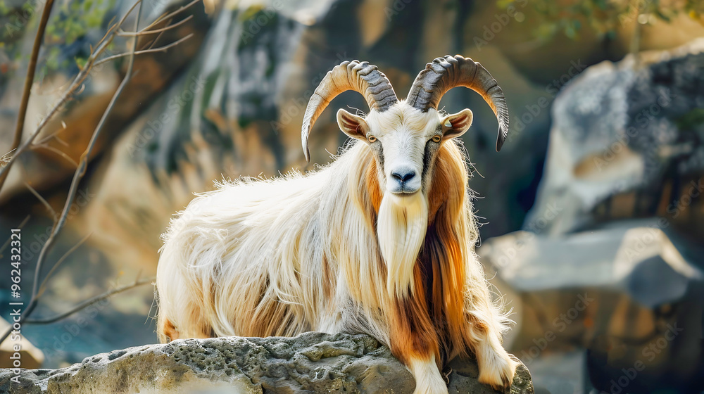 Majestic Markhor Goat a species of wild mountain goat standing on a ...