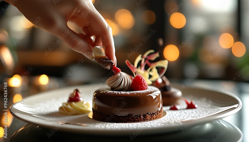 One hand is elegantly placing an exquisite chocolate dessert with a ...