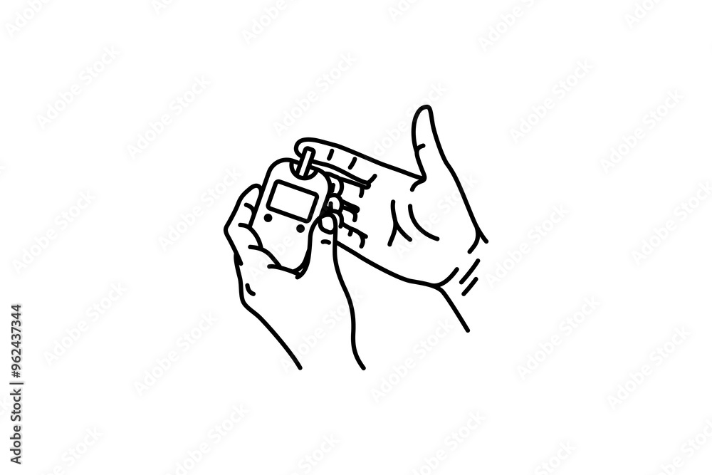 Blood glucose test. line style hands holding glucometer and measures ...