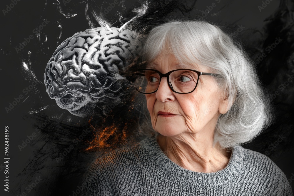 Neuronal grid Hippocampus Elderly woman with a brain illustration ...