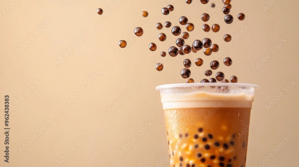 Tapioca Pearls in Bubble Tea, a large cup filled with freshly brewed ...