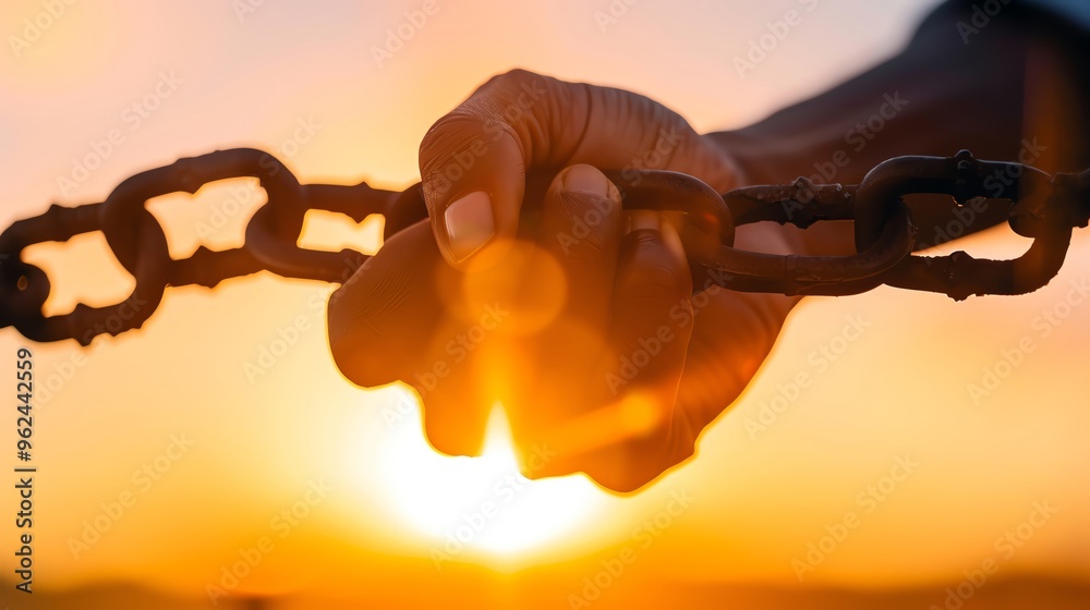 Silhouette of man's hands breaking chain against sunset sky background ...