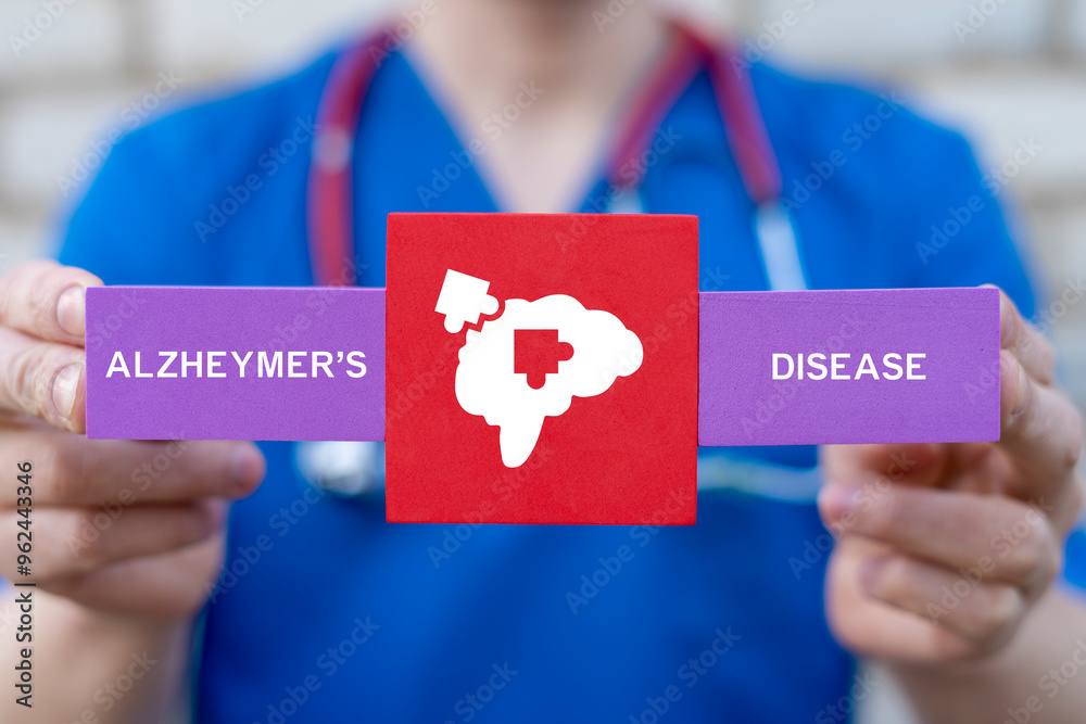 Doctor holding colorful foam blocks sees inscription: ALZHEIMER'S ...