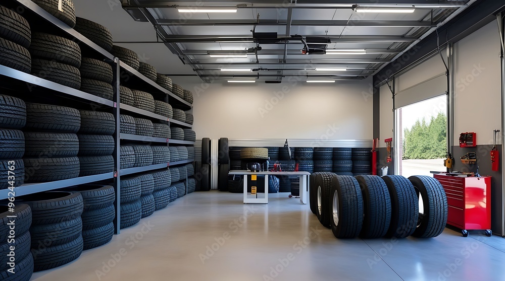 A large, modern tire shop with rows of tires stacked on shelves A ...