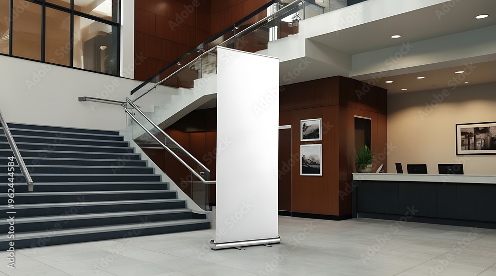 blank White mockup roll-up banner template standing in lobby next to ...