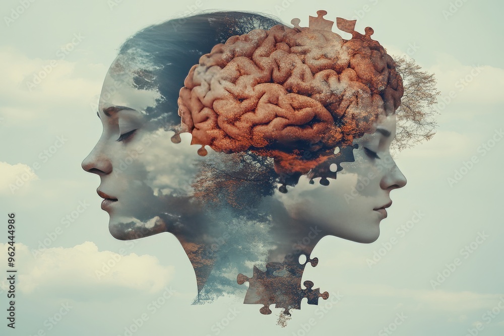 Neuroanatomy Neuronal system Double exposure of human heads with brain ...