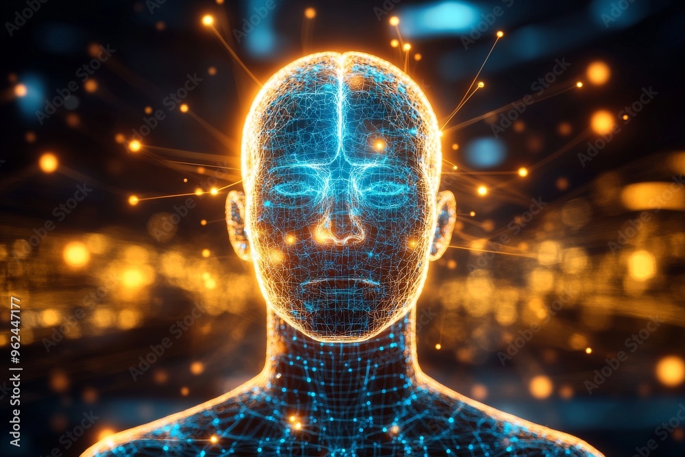 Cranial organ Central brain Futuristic digital face with glowing neural ...