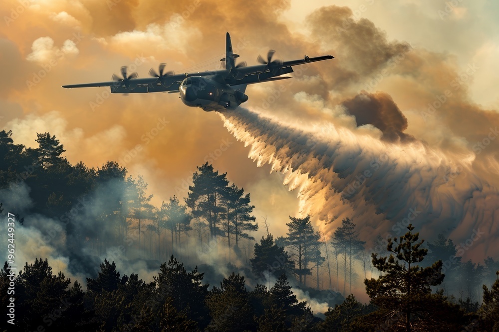 Firefighting aircraft releases water wildfire performing its mission ...