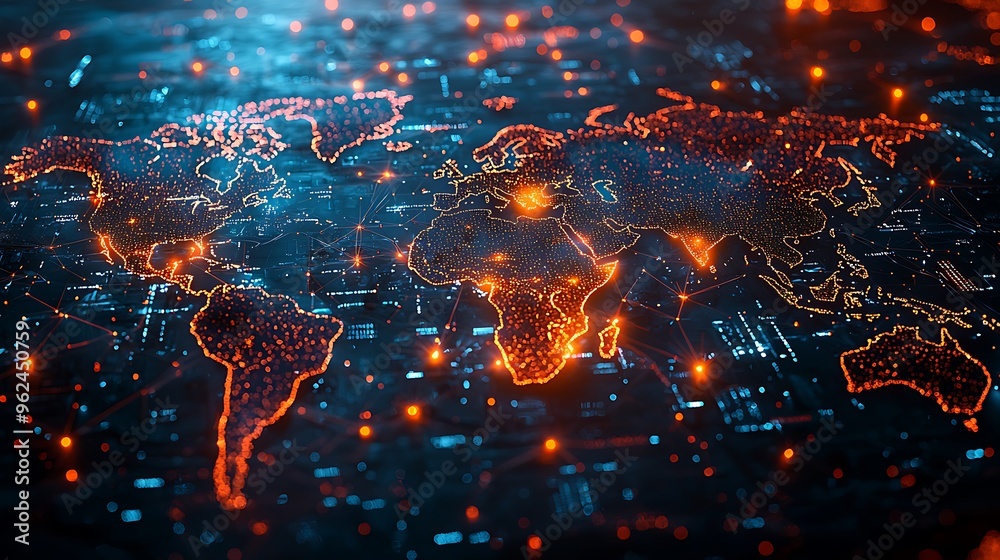 Photo & Art Print An abstract world map glows with digital lines ...