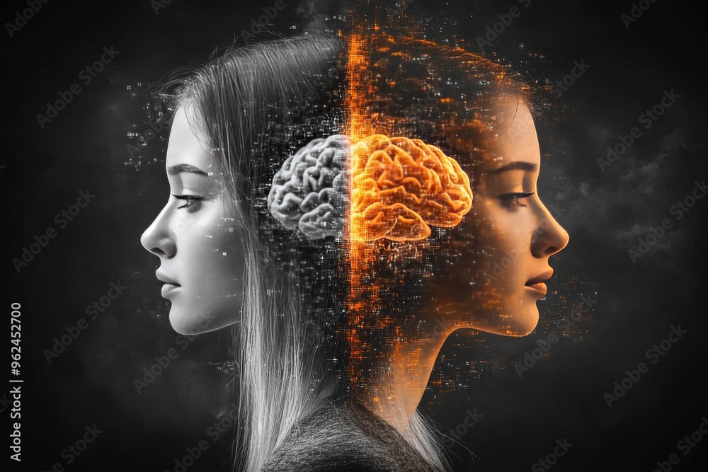 Neural processing Prefrontal cortex Black and white profile of two ...