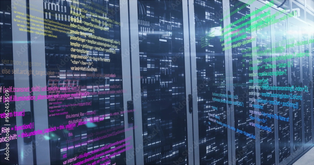 Colorful code lines image over server racks in data center Stock Photo ...