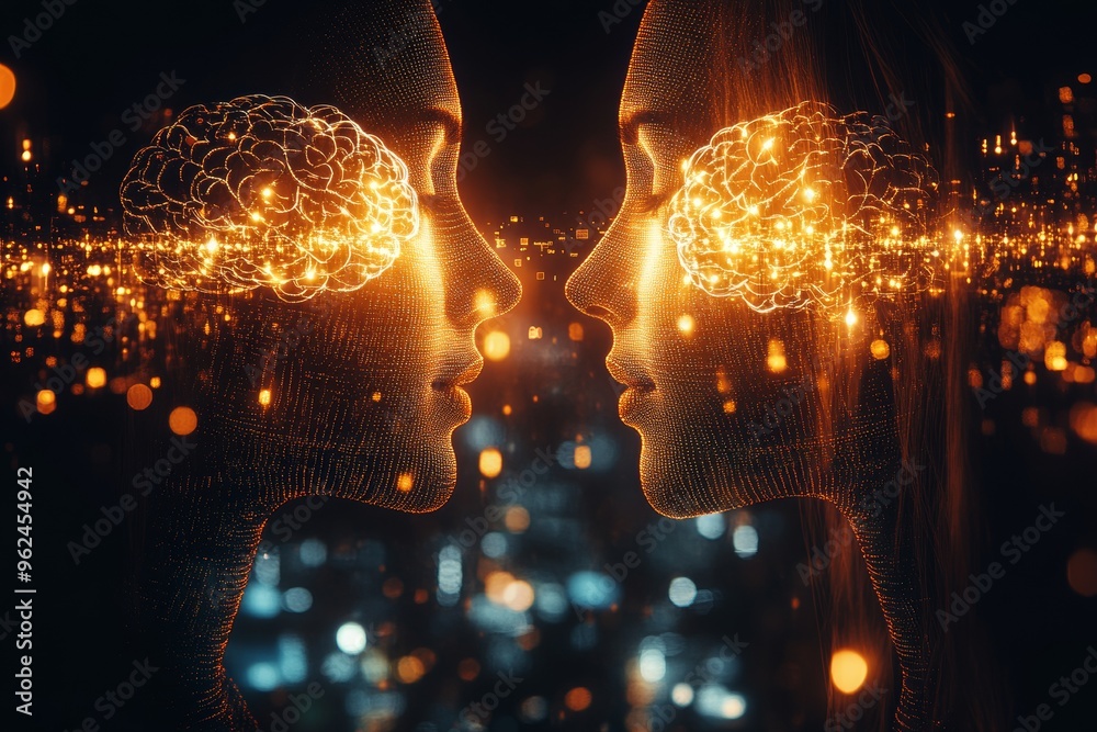 Neuronal gear Prefrontal cortex Golden abstract digital artwork of two glowing brains facing ...