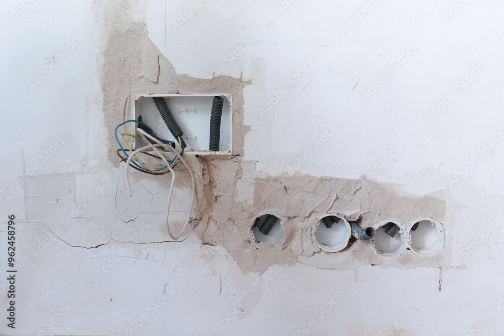 Image of a partially finished wall with exposed electrical wiring and ...