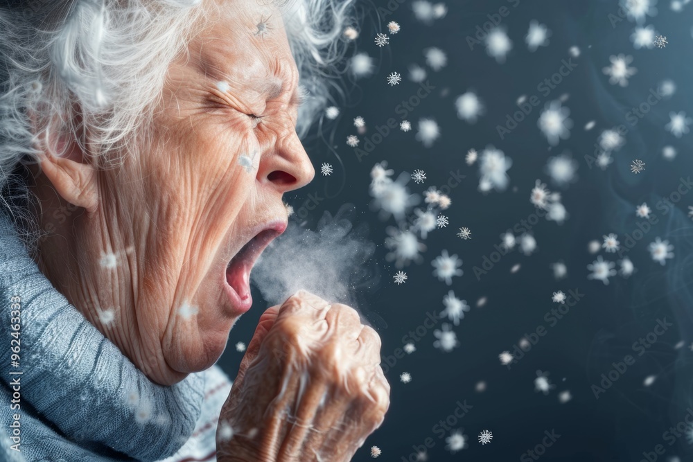 Elderly woman demonstrates natural reaction when sneezing germs ...