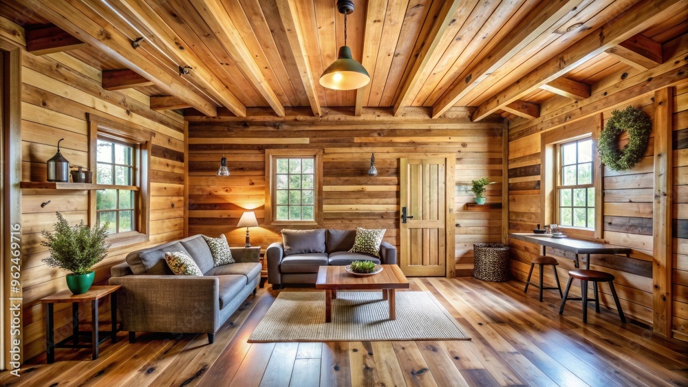 Rustic cabin interior with straight grain pine wood panelling , cabin, rustic, interior, pine ...