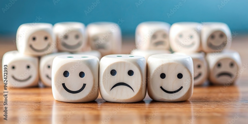 Many dice with smiling smiley faces and one unhappy face among them ...