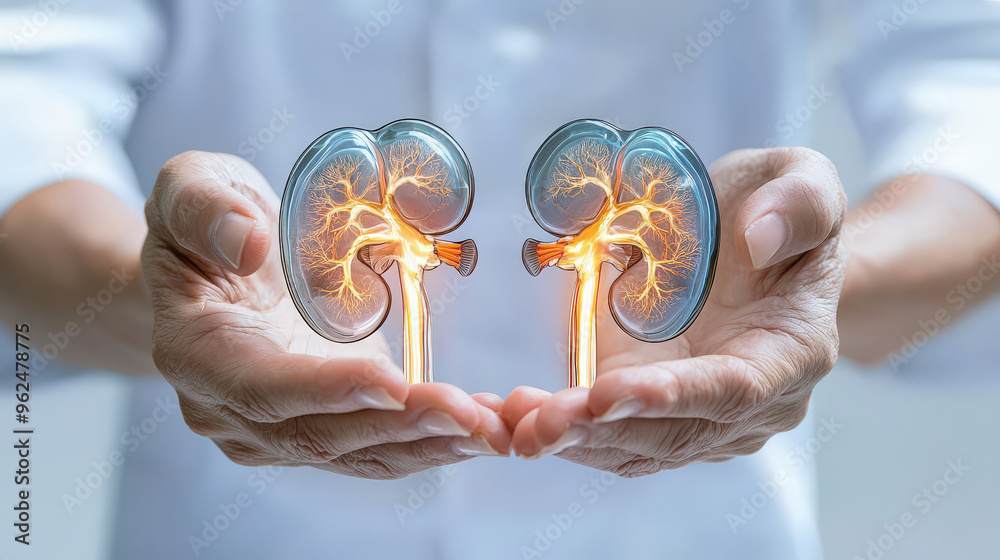 Doctor holding digital illustration of human kidneys in hands ...