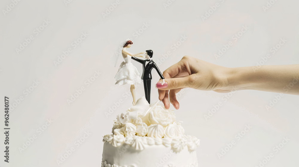 Hand positioning a male and female figurine on top of a wedding cake ...