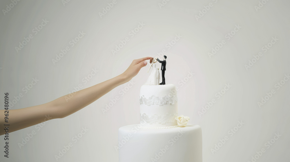 Hand positioning a male and female figurine on top of a wedding cake ...