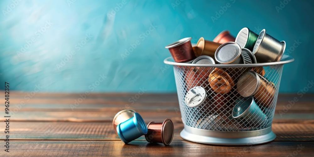 Coffee capsules being thrown in the trash bin, waste, disposal ...