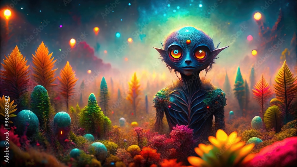 Mystical landscape featuring an alien creature with glowing eyes ...