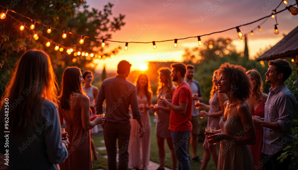 Guests celebrate at an outdoor garden party under string lights, with a ...