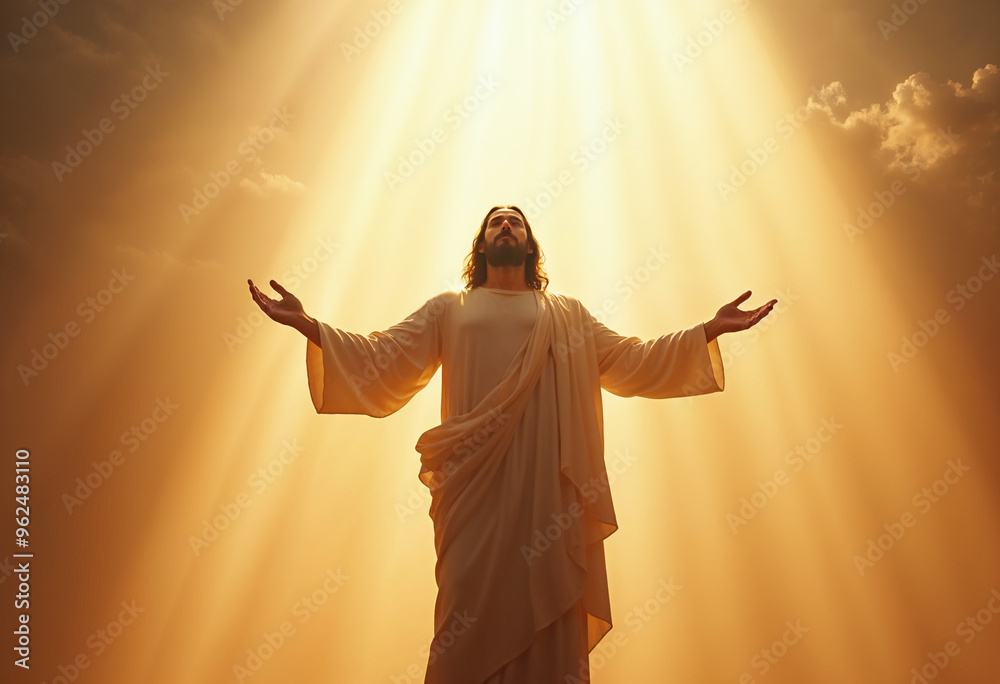 Jesus stands with arms outstretched, bathed in radiant light as the ...