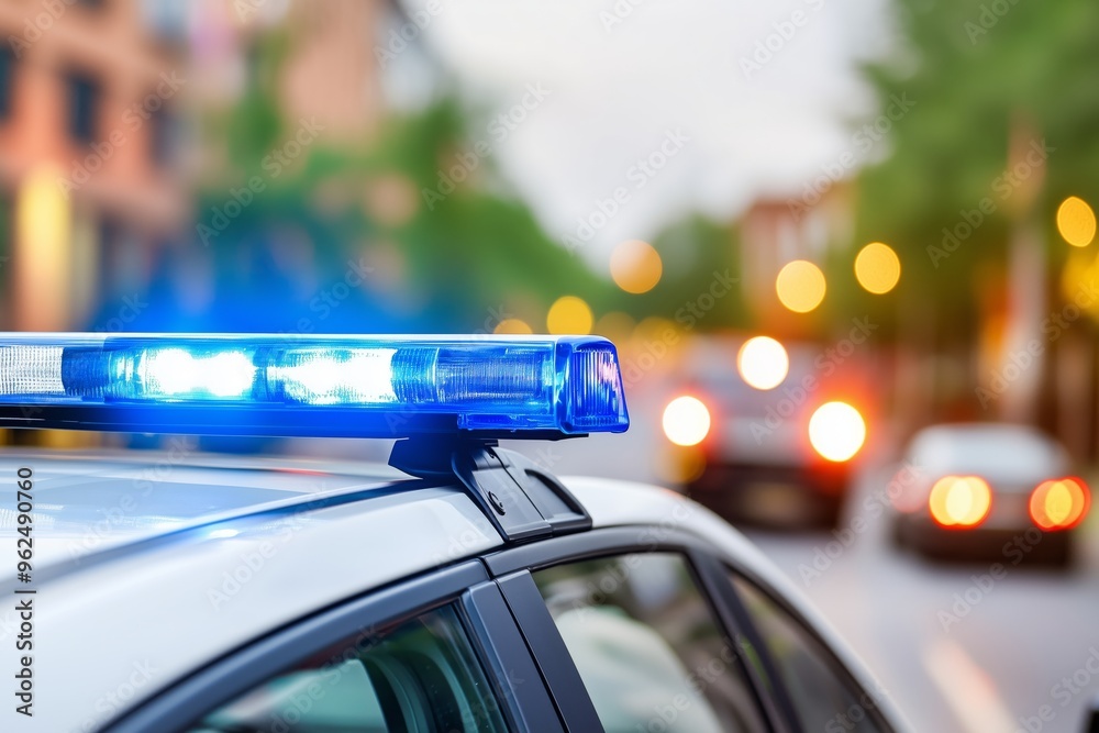 Police car with flashing blue lights in busy street, symbolizing public ...