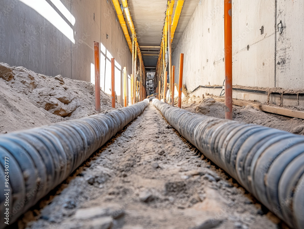 Underground cable trench under construction with pipes and sand. scene ...