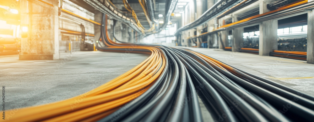Massive underground cable distribution hub with rows of cables. scene ...
