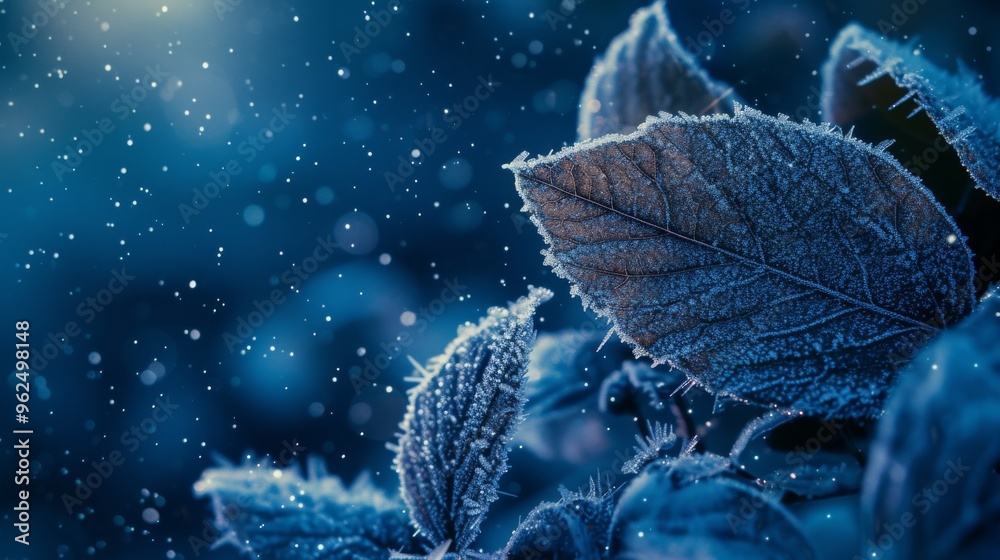 Frost-covered leaves with a backdrop of softly falling snow create a ...