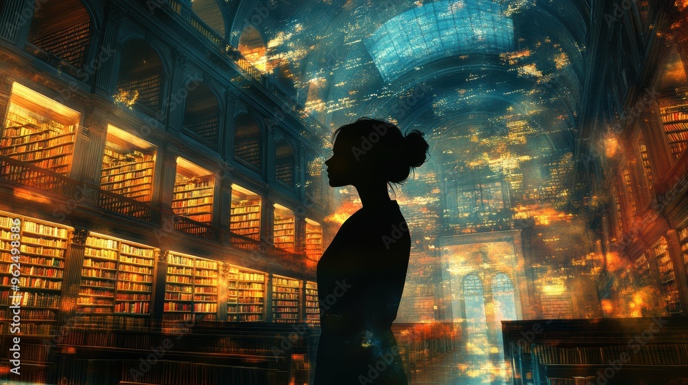 Librarian silhouette overlaid with rows of books and the grand interior ...