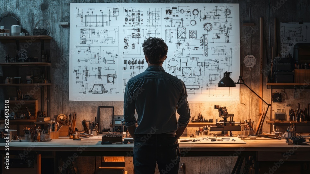 Inventor silhouette combined with technical diagrams, prototype models ...