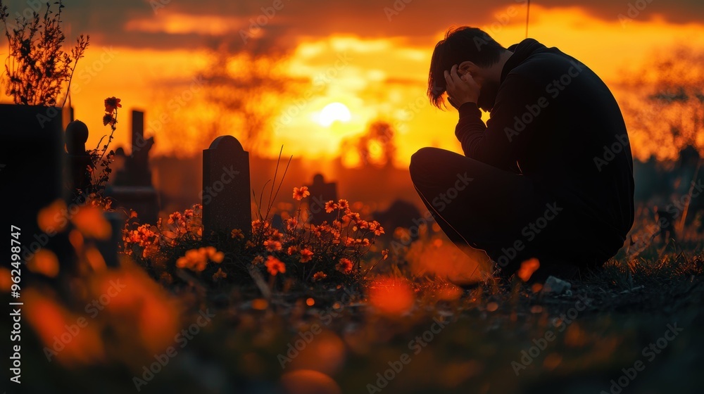 Grieving person kneeling at a graveside, tears streaming down their ...