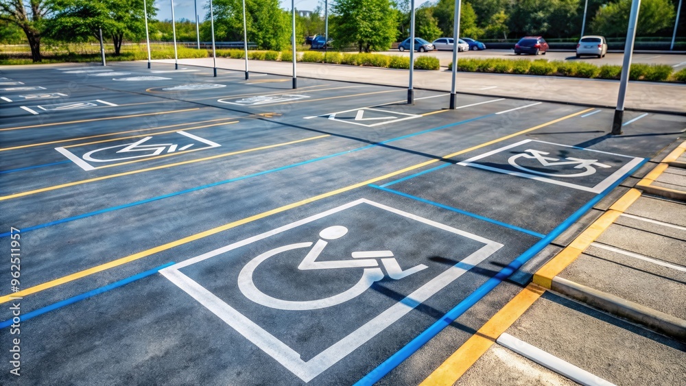 Row of empty handicap parking spaces in a parking lot, handicap ...