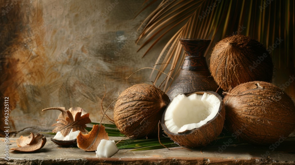 A still life of a whole coconut and a cracked coconut, revealing the ...