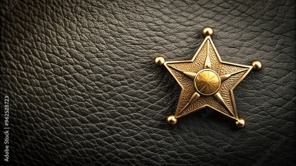 Close-up of a sheriff badge on black leather texture background ...