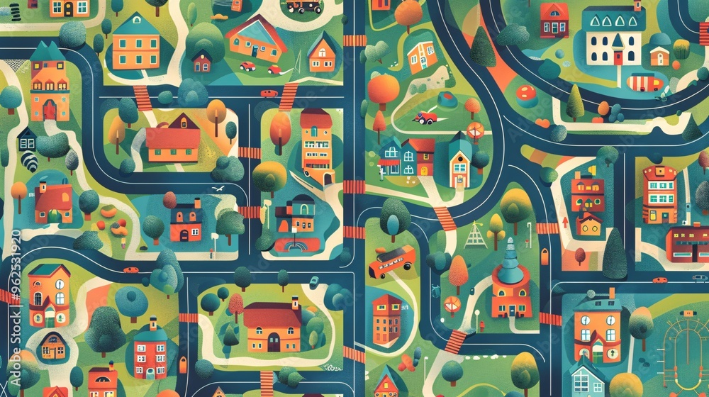 20. Colorful and fun city map illustration, showcasing a seamless ...