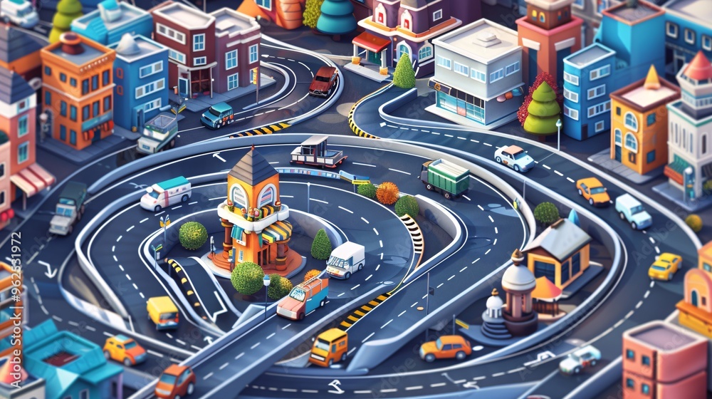 21. Charming vector 2D illustration of a cartoon city scene with cars ...