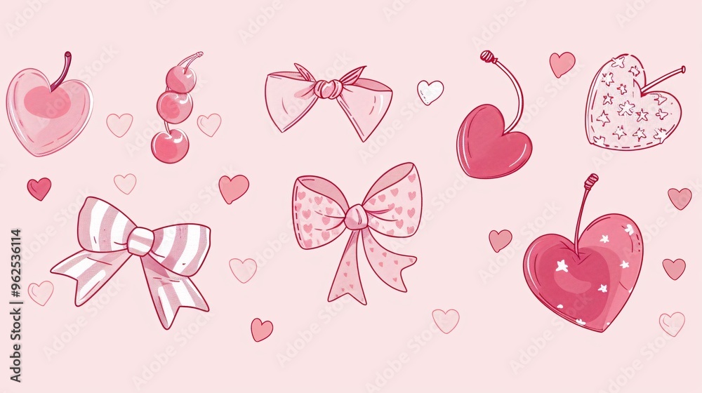 92. Detailed vector drawing of cherry bows and heart motifs, created in ...