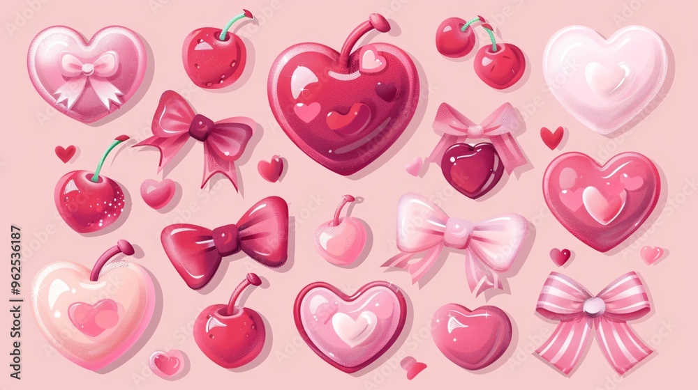 94. High-resolution vector artwork of cherry bows and heart elements in ...