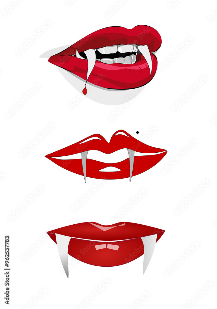 collection of three vampire lips and teeth. Vector image for web or ...