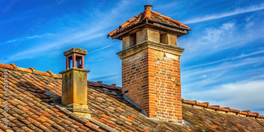 Old brick chimney tower on the roof of an old French house, French ...