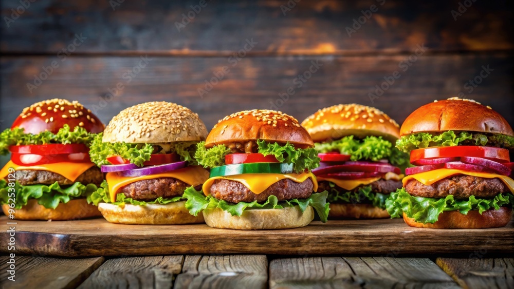 Colorful buffet of assorted burgers on the table, buffet, burgers ...