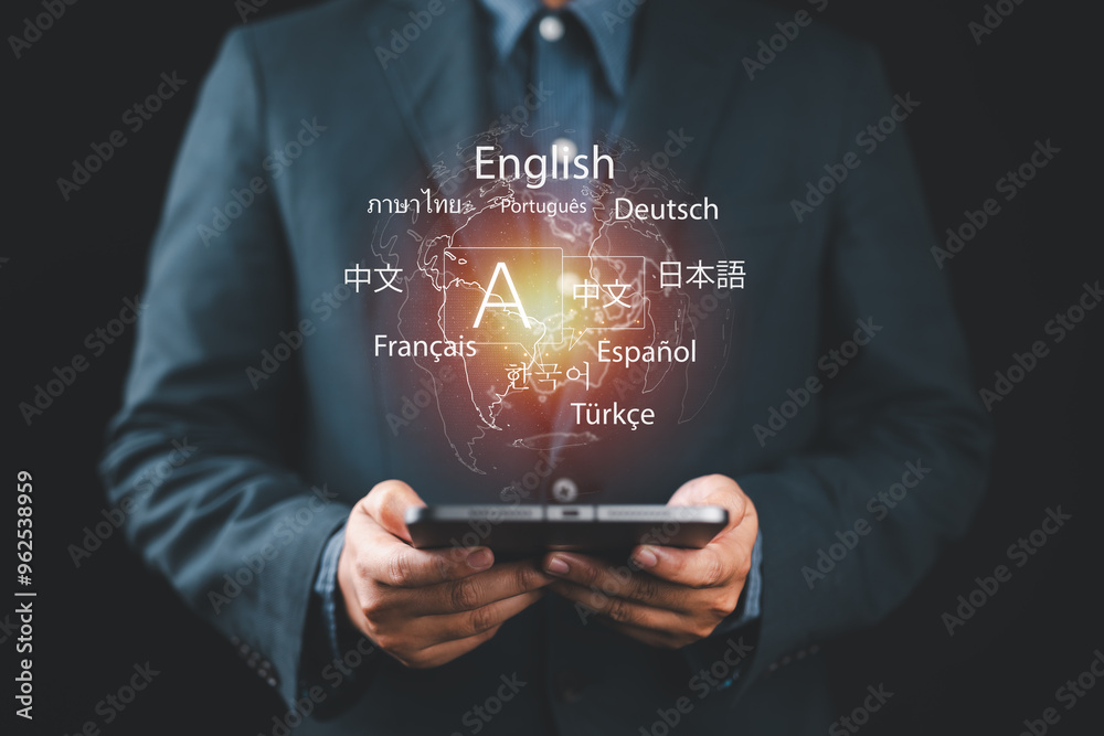 Multilingual Language Translation Technology Concept. A person holding ...