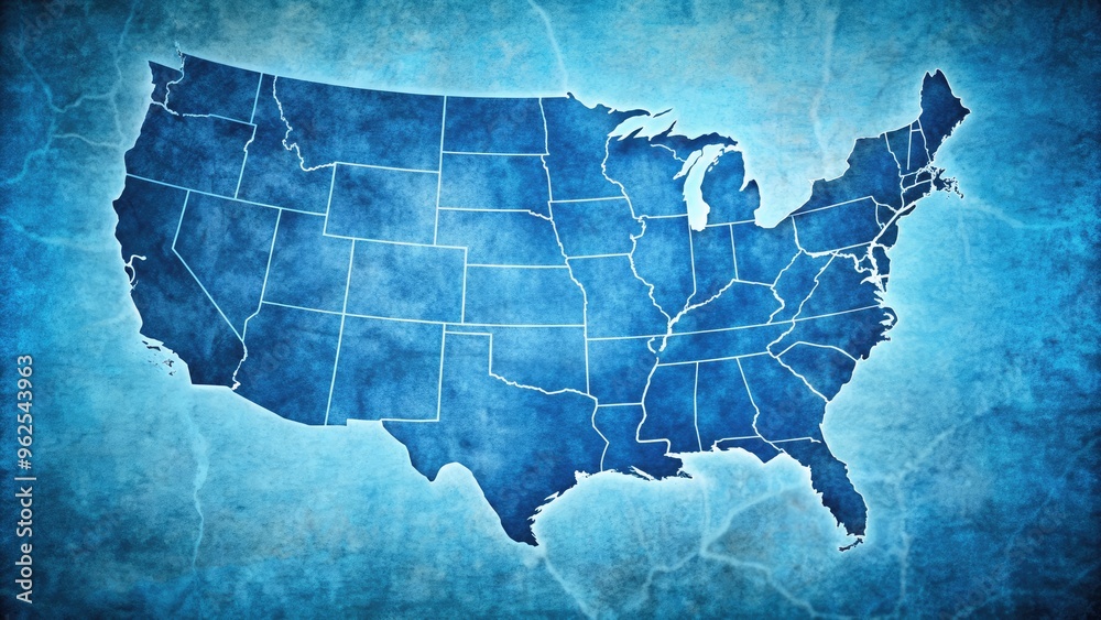 Blue USA map with state borders and names on grunge background, United ...
