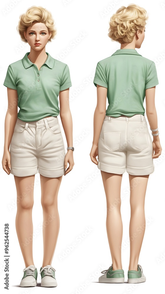 Sporty blonde woman cartoon short hair character sheet, wearing green ...
